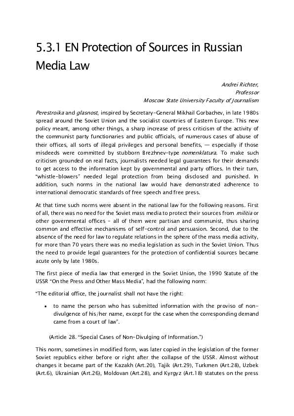 (DOC) Protection of Sources in Russian Media Law | Andrei Richter ...