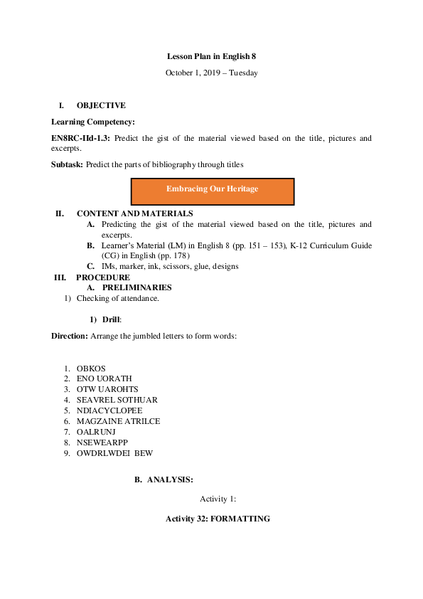 (DOC) A4 Lesson Plan Format in English 8, Topic: "Parts of Bibliography"