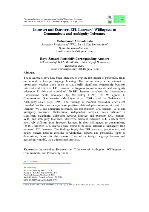 (PDF) Introvert and Extrovert EFL Learners' Willingness to Communicate and Ambiguity Tolerance ...