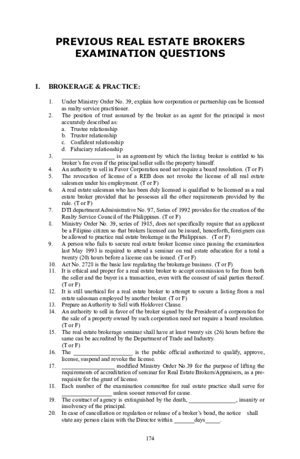 (DOC) PREVIOUS REAL ESTATE BROKERS EXAMINATION QUESTIONS