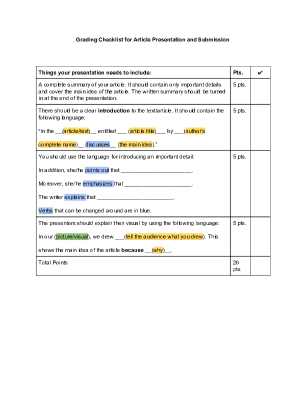 (PDF) Grading Checklist for Article Presentation and Submission | Bree ...