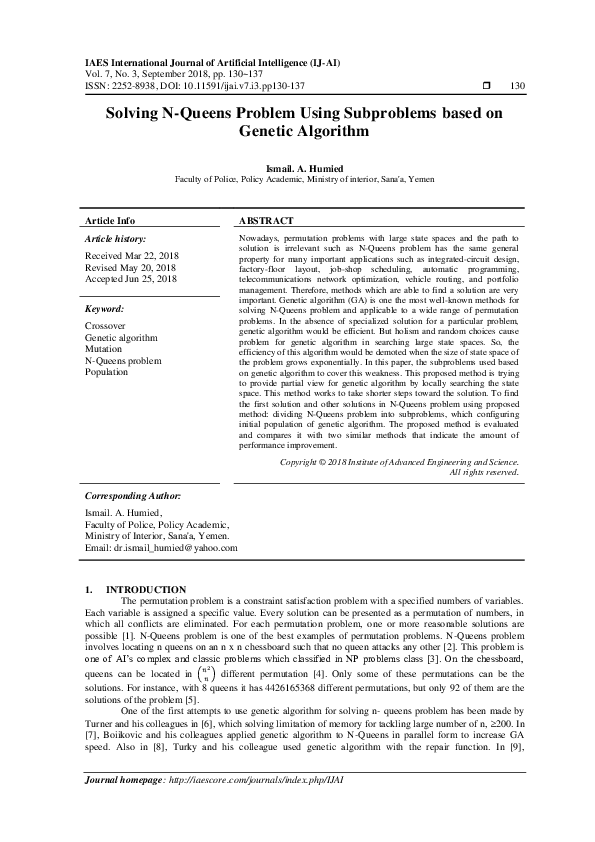 Pdf Solving N Queens Problem Using Subproblems Based On Genetic Algorithm 6173