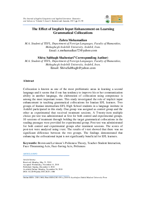 (PDF) The Effect of Implicit Input Enhancement on Learning Grammatical Collocations