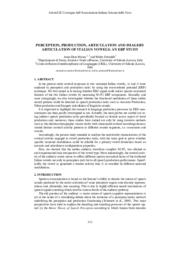 (PDF) Perception, Production, Articulation and Imagery Articulation of Italian Vowels: An Erp Study