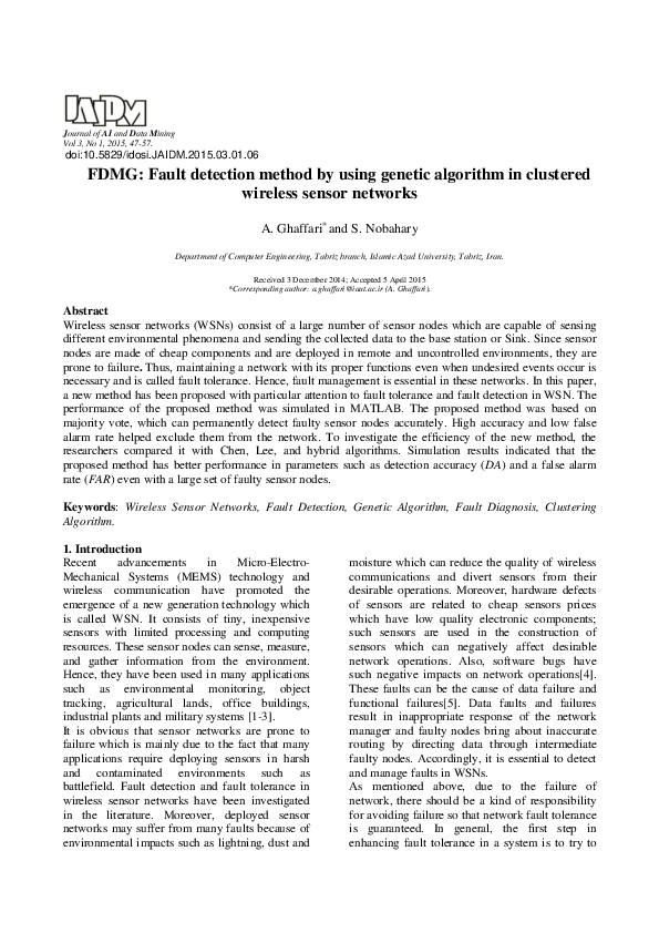 Pdf Fdmg Fault Detection Method By Using Genetic Algorithm In Clustered Wireless Sensor Networks