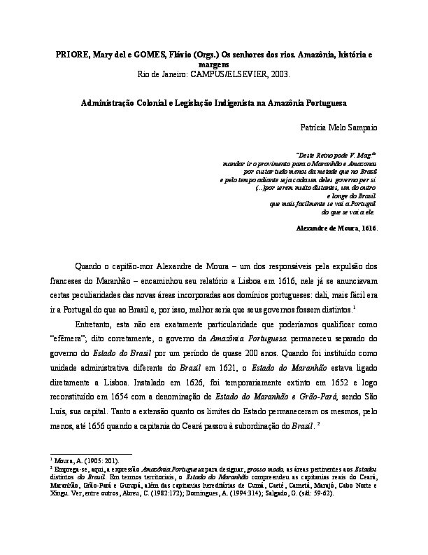 (DOC) Administração colonial e legislação indigenista na Amazônia ...