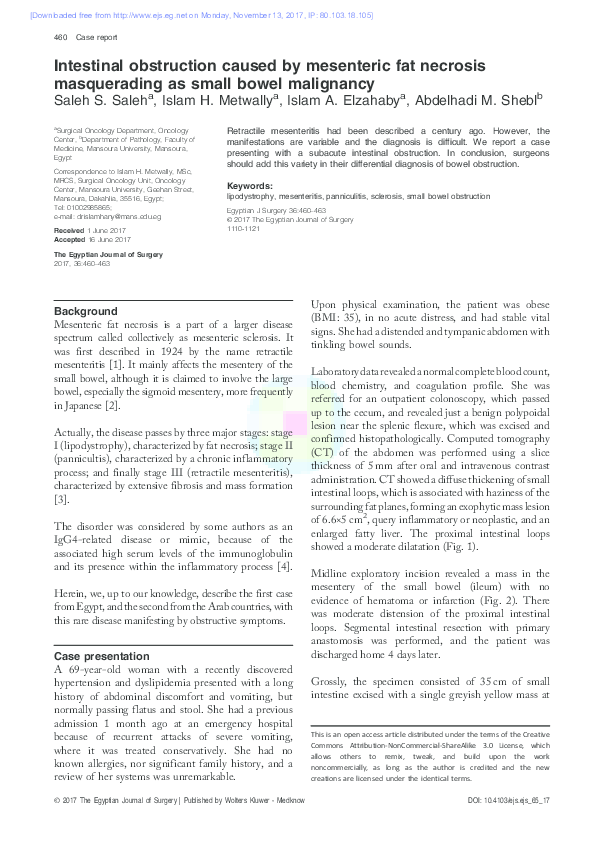 (PDF) Intestinal obstruction caused by mesenteric fat necrosis ...