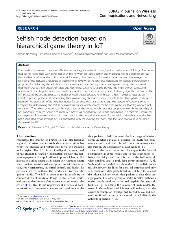 (PDF) Selfish node detection based on hierarchical game theory in IoT