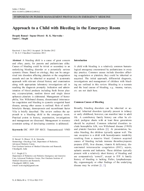 (PDF) Approach to a Child with Bleeding in the Emergency Room