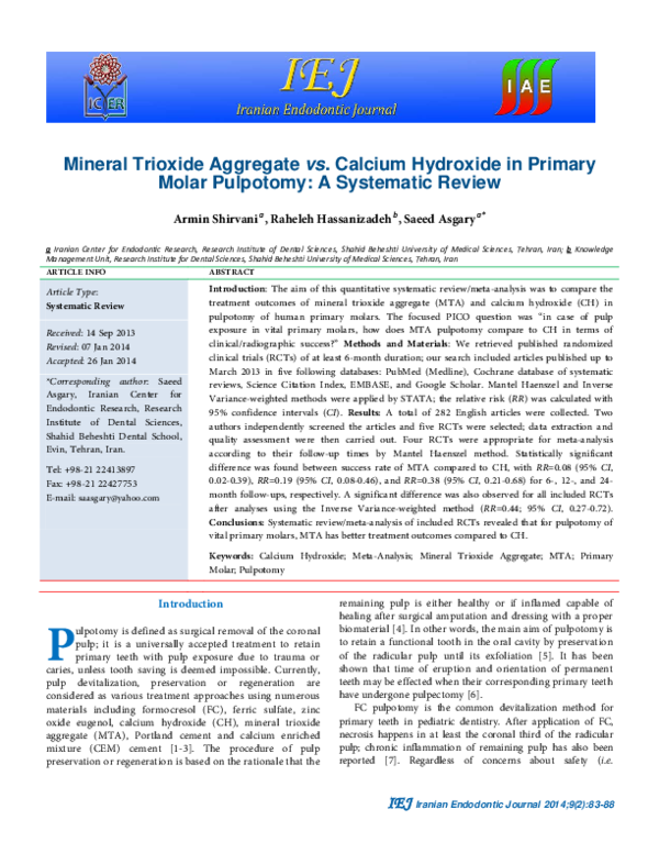 (PDF) Mineral Trioxide Aggregate vs. Calcium Hydroxide in Primary Molar ...