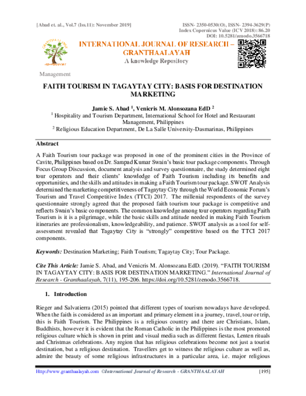 (PDF) FAITH TOURISM IN TAGAYTAY CITY: BASIS FOR DESTINATION MARKETING