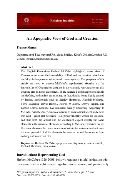 (PDF) An Apophatic View of God and Creation | Religious Inquiries ...