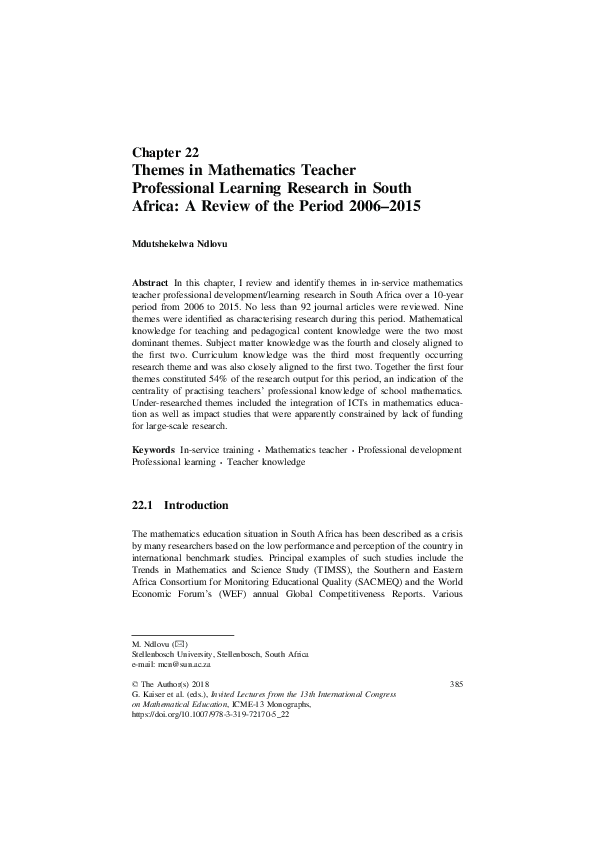 (PDF) Ndlovu 2018 Themes in Mathematics Teacher TPL Research in South ...