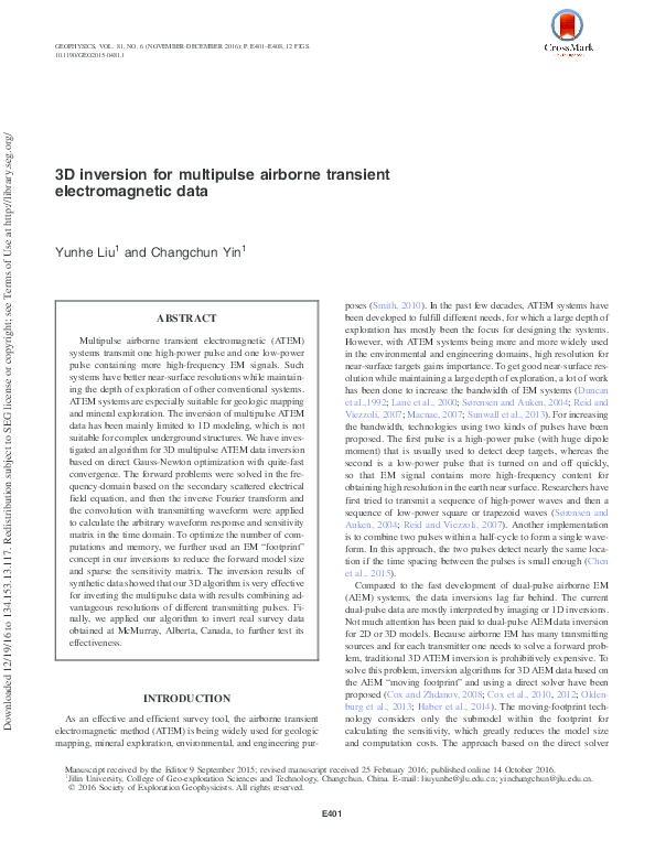(PDF) 3D inversion for multipulse airborne transient electromagnetic data