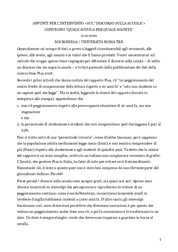 (PDF) «Sul "discorso sulla scuola"». Intervento al Convegno "Quale ...