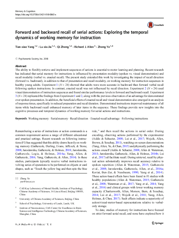 (PDF) Forward and backward recall of serial actions: Exploring the ...