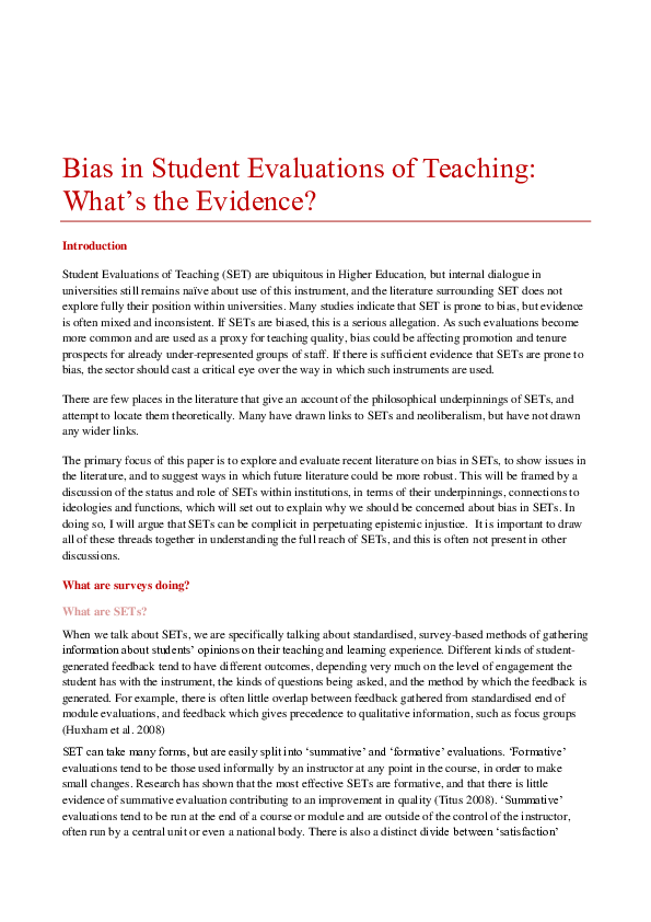 (DOC) Bias in Student Evaluations of Teaching: What's the Evidence