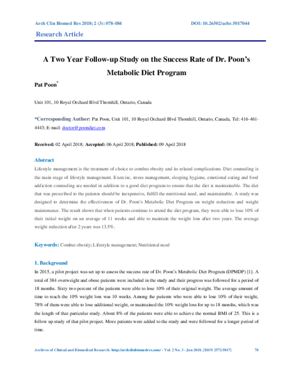 (PDF) A two year followup study on the success rate of dr poons metabolic diet program