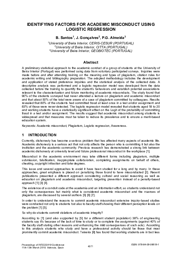 (PDF) IDENTIFYING FACTORS FOR ACADEMIC MISCONDUCT USING LOGISTIC REGRESSION