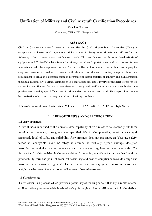 (DOC) Unification of Military and Civil Aircraft Certification Procedures