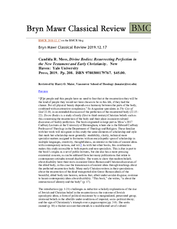 (PDF) Review of Candida R. Moss, Divine Bodies- Resurrecting Perfection ...