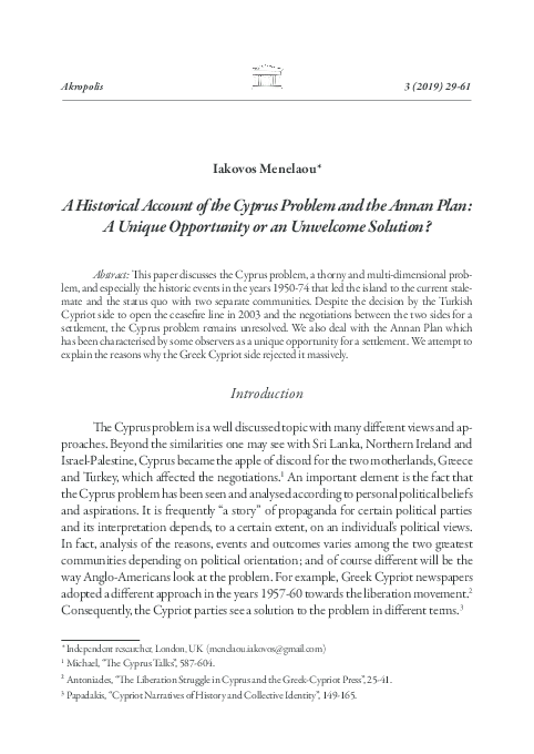 (PDF) Iakovos Menelaou* A Historical Account of the Cyprus Problem and ...