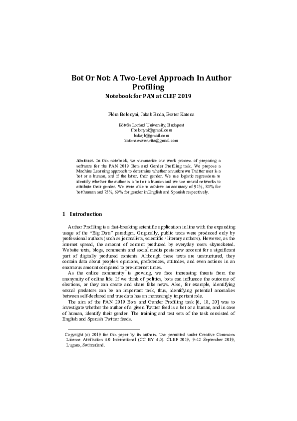 (PDF) Bot Or Not: A Two-Level Approach In Author Profiling Notebook for ...