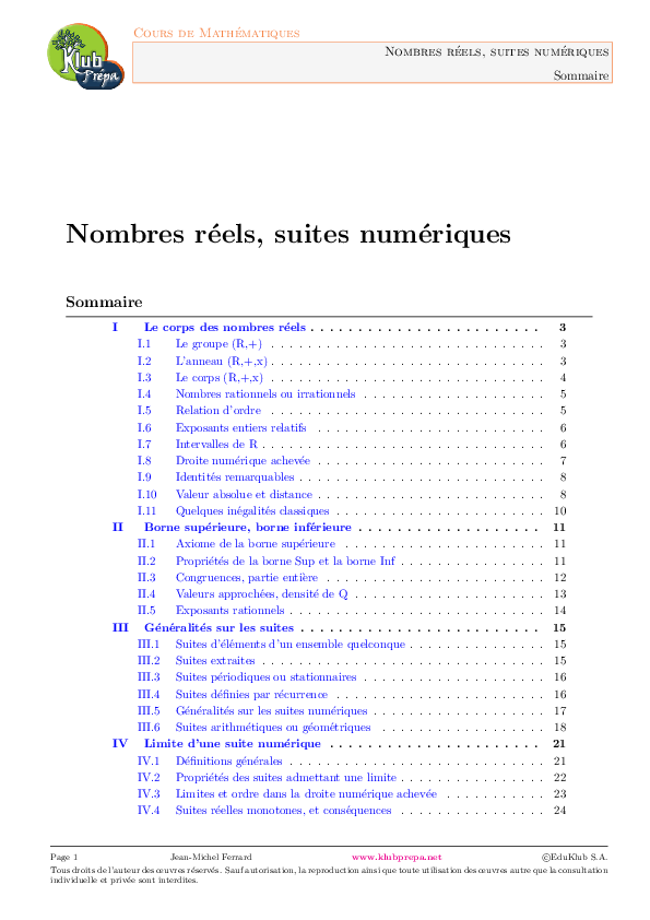 (PDF) cours de Nombres réels, suites numériques