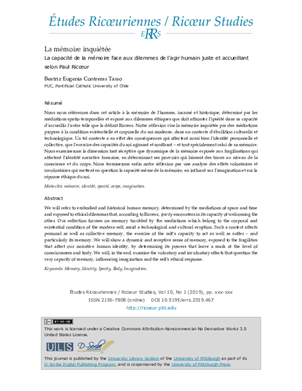(PDF) La mémoire inquiétée La capacité de la mémoire face aux dilemmes ...