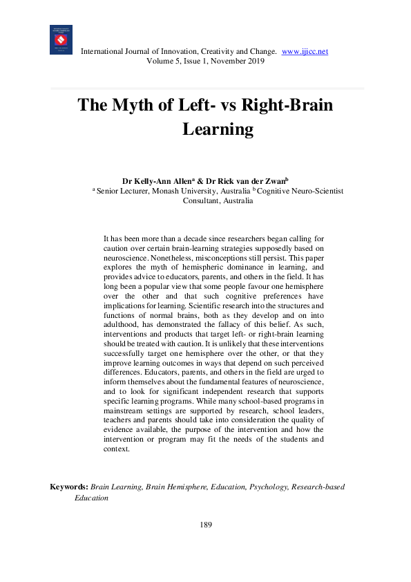(PDF) The Myth of Left-vs Right-Brain Learning