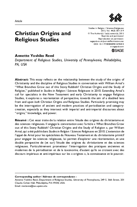 (PDF) Annette Y. Reed, “Christian Origins and Religious Studies Reed ...