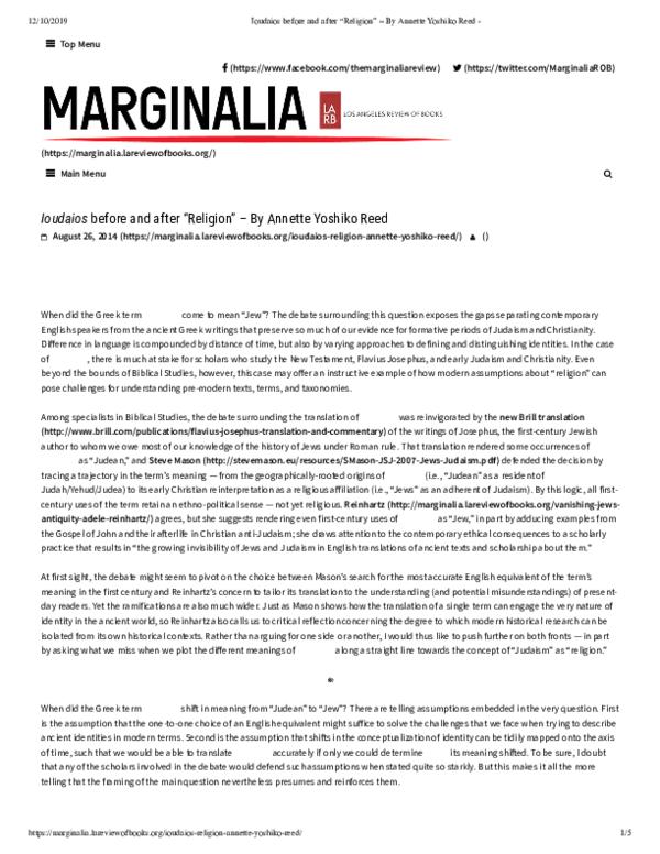 (PDF) Annette Y. Reed, “Ioudaios before and after ‘Religion ...