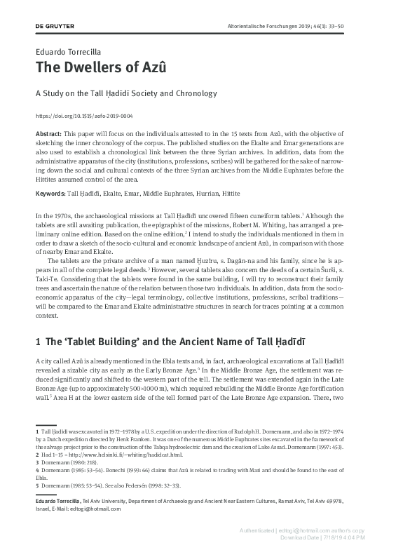 (PDF) 2019 - The Dwellers of Azû. A Study on the Tell Hadidi Society ...