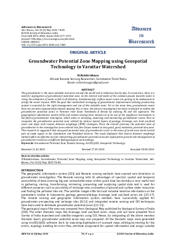 Pdf Groundwater Potential Zone Mapping Using Geospatial Technology In Varattar Watershed