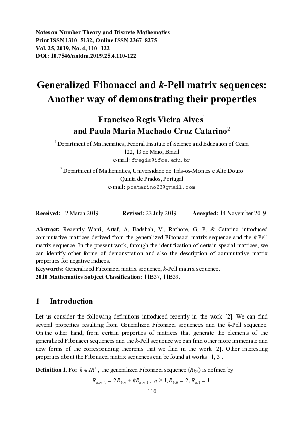 (PDF) Generalized Fibonacci and k-Pell matrix sequences: Another way of demonstrating their ...