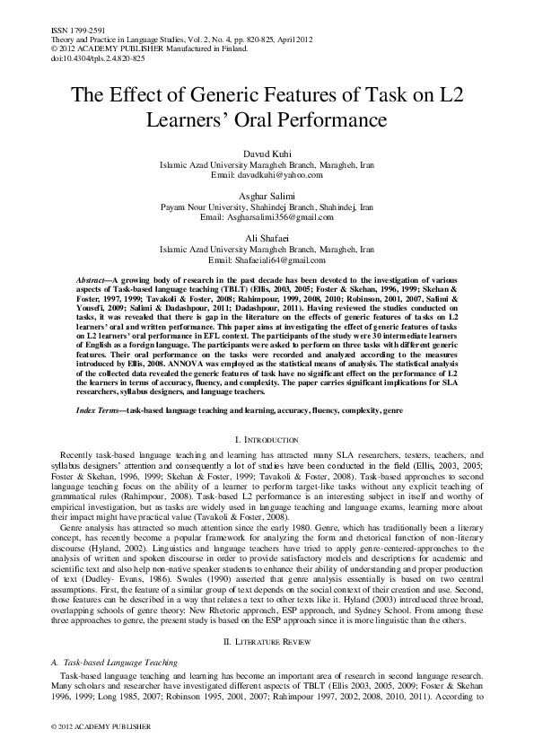 (PDF) The Effect of Generic Features of Task on L2 Learners’ Oral Performance | Davud Kuhi ...