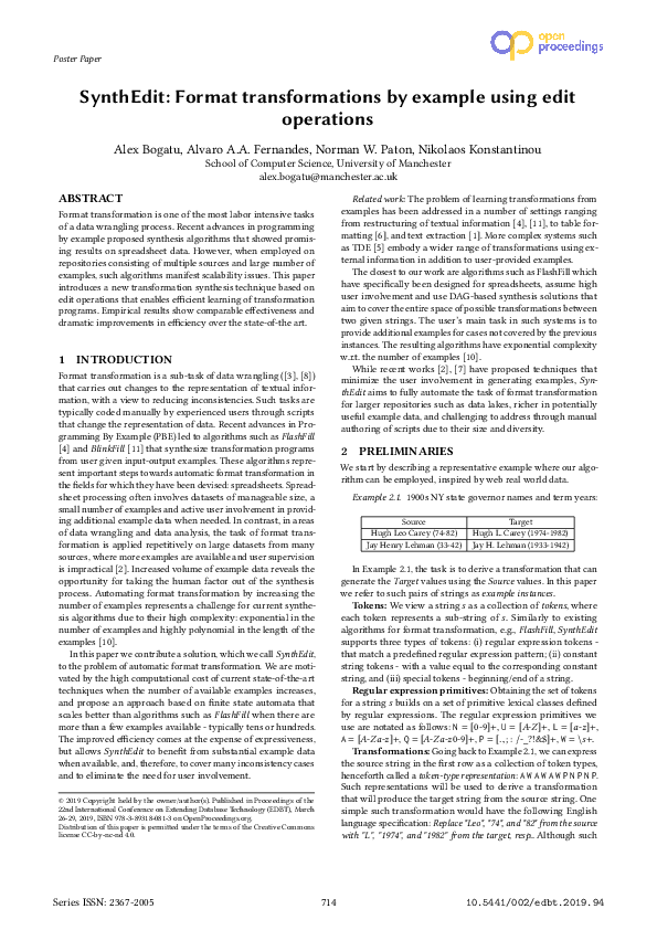 (PDF) SynthEdit: Format Transformations by Example Using Edit Operations