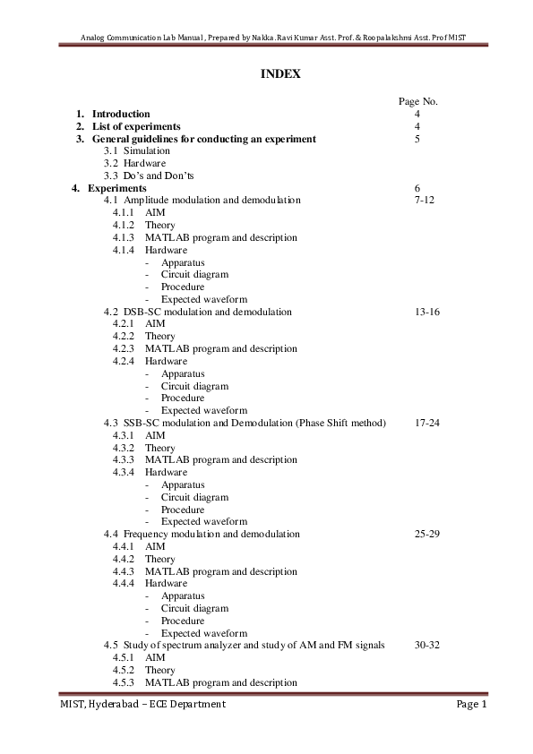 (PDF) Analog Communication Lab Manual , Prepared INDEX