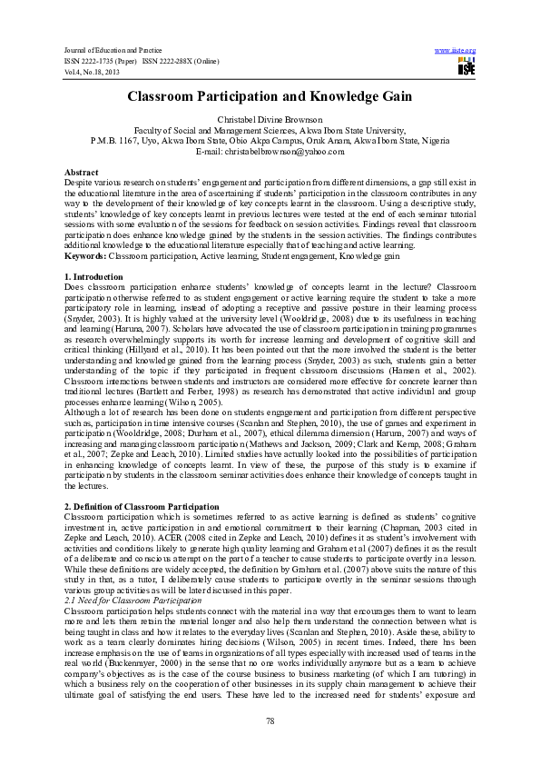 (PDF) Classroom Participation and Knowledge Gain