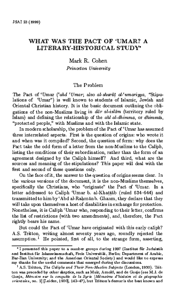 (PDF) Mark R. Cohen, “What was the Pact of ‘Umar? A Literary-Historical ...