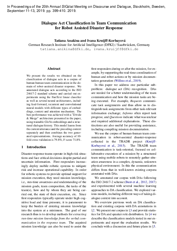 (PDF) Dialogue Act Classification in Team Communication for Robot Assisted Disaster Response ...