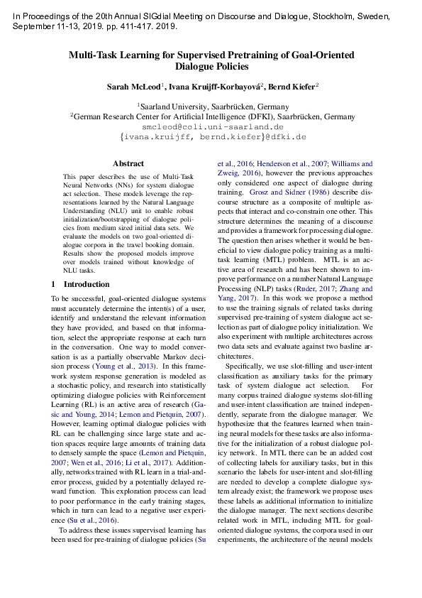Pdf Multi Task Learning For Supervised Pretraining Of Goal Oriented