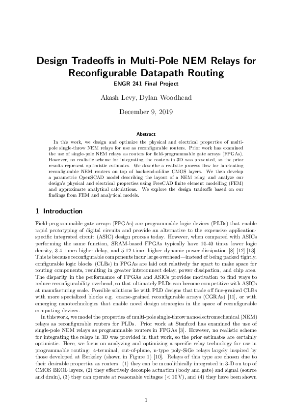 (PDF) Design Tradeoffs in Multi-Pole NEM Relays for Reconfigurable Datapath Routing