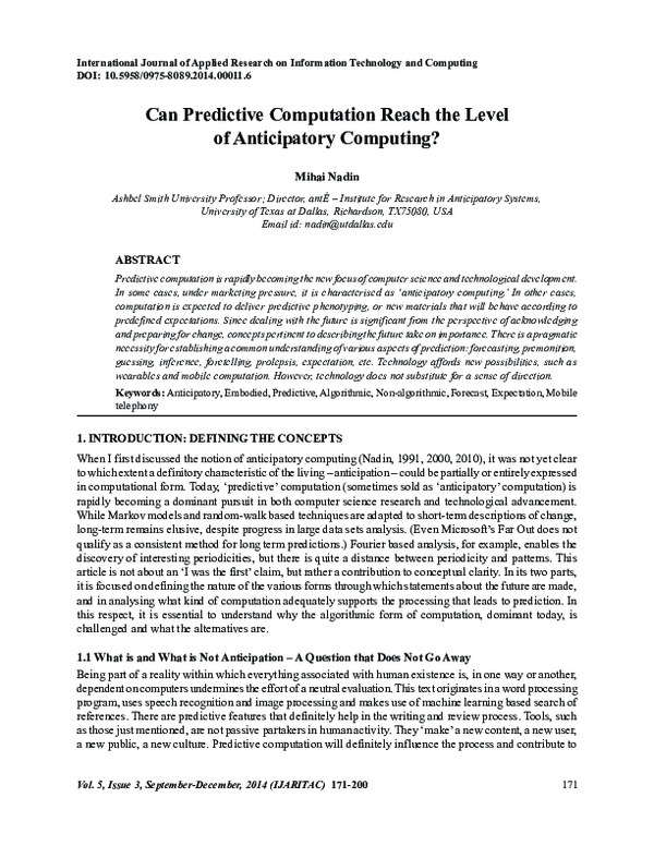Pdf Can Predictive Computation Reach The Level Of Anticipatory Computing
