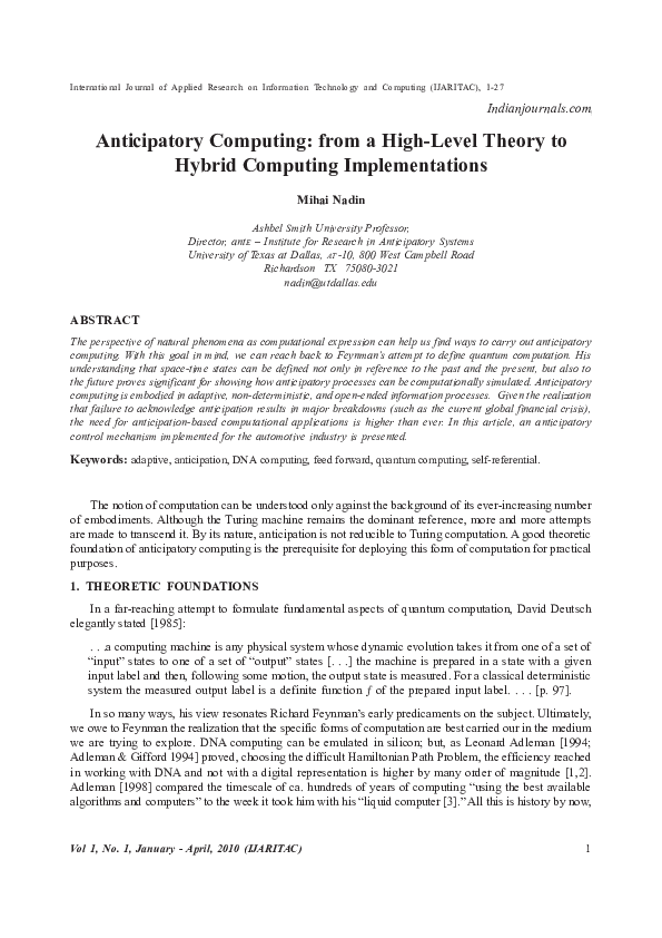 Pdf Anticipatory Computing From A High Level Theory To Hybrid Computing Implementations