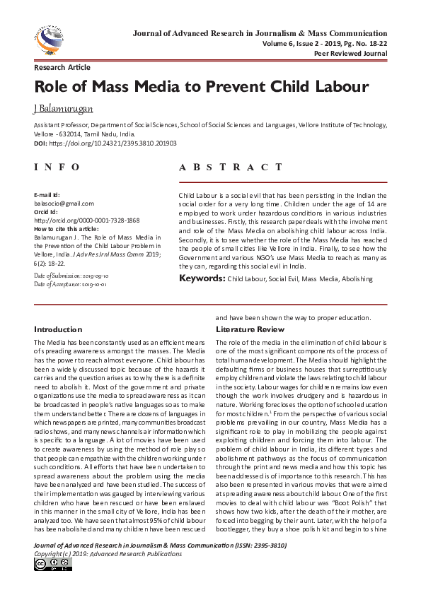 (PDF) Role of Mass Media to Prevent Child Labour