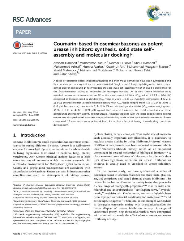 (PDF) Coumarin-based thiosemicarbazones as potent urease inhibitors ...