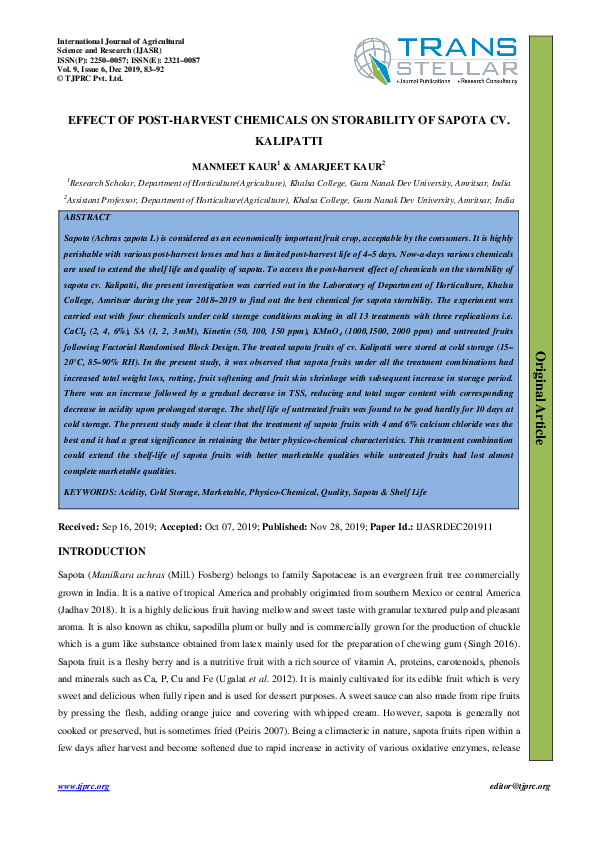 (PDF) EFFECT OF POST-HARVEST CHEMICALS ON STORABILITY OF SAPOTA CV ...