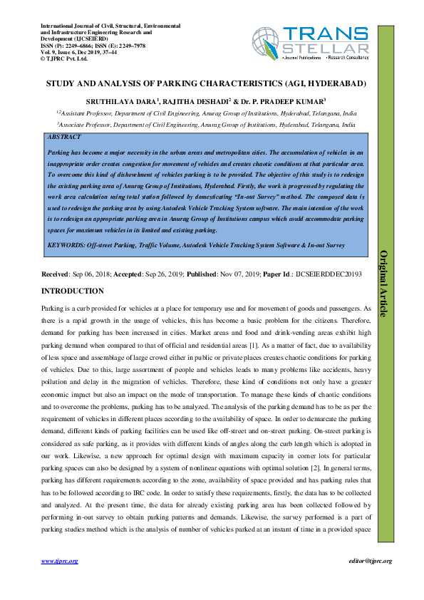 (PDF) STUDY AND ANALYSIS OF PARKING CHARACTERISTICS (AGI, HYDERABAD