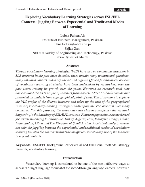 (PDF) Exploring Vocabulary Learning Strategies across ESL/EFL Contexts ... (PDF) Exploring Vocabulary Learning Strategies across ESL/EFL Contexts ...